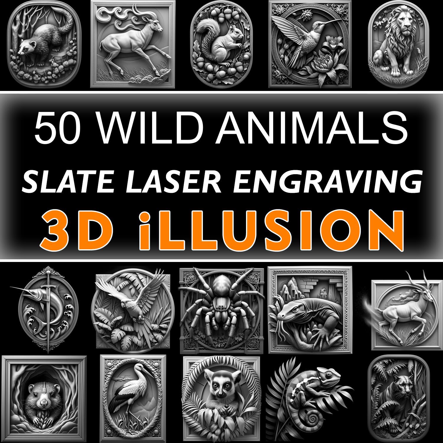 3D Illusion Wild Animals Bundle 50, Slate Coaster Laser Engraving PNG Files, Home Decor | X ...