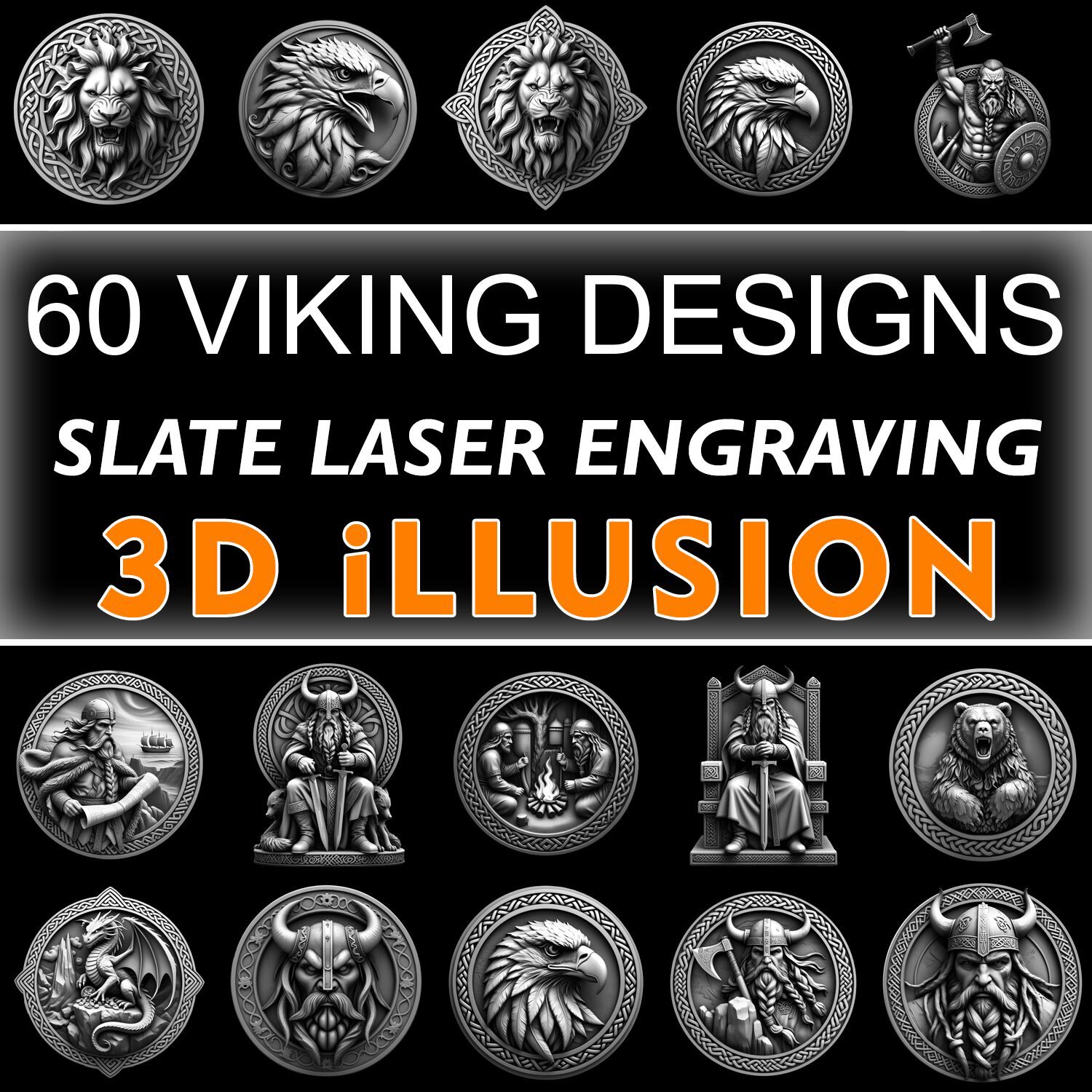 Bundle 60 3D Illusion Viking, Dragon, Wolf, Eagle Slate Coaster Engraving PNG | X-Creation Laser ...