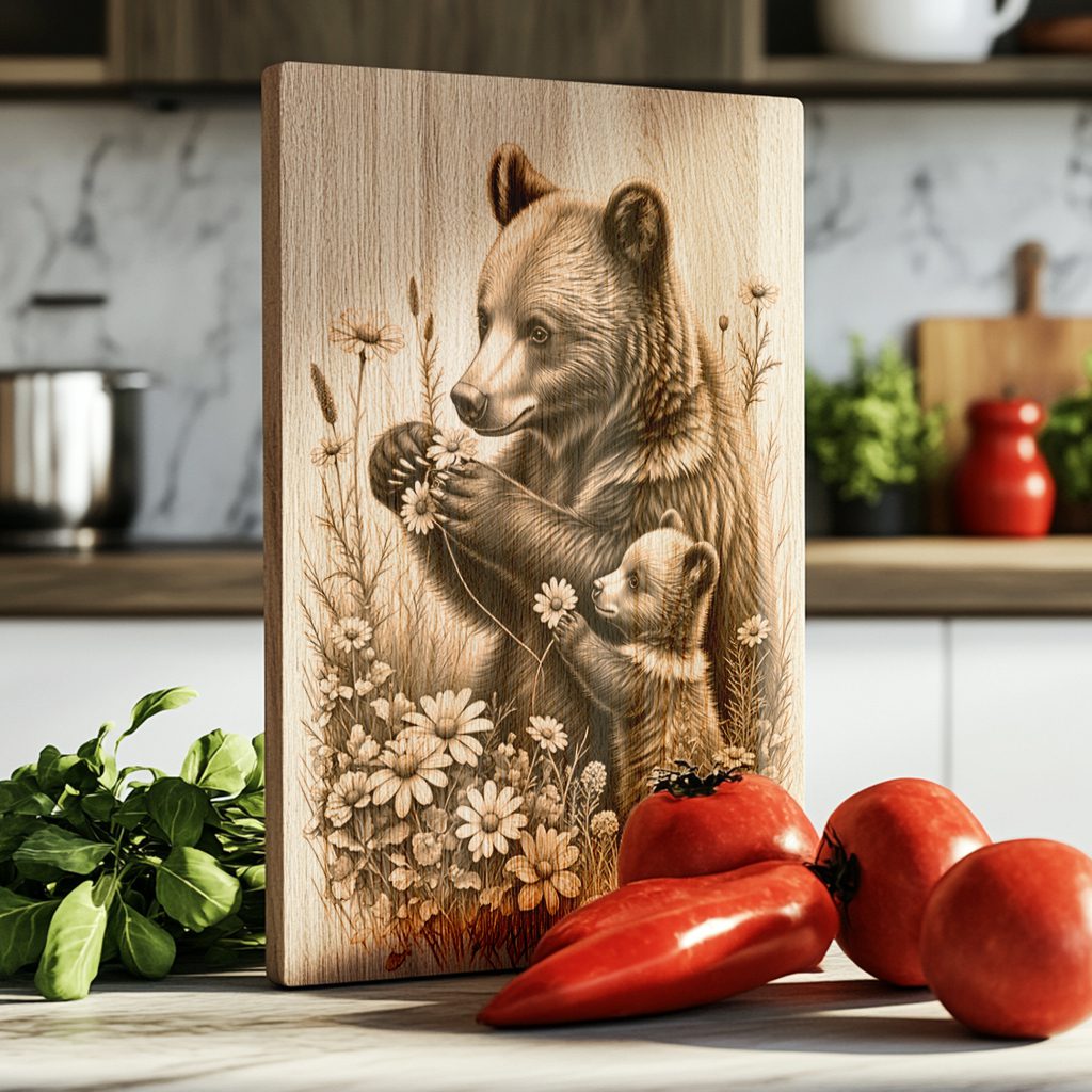 Charcuterie Board Engraving File, Bear Cub Flowers Design, Rustic ...