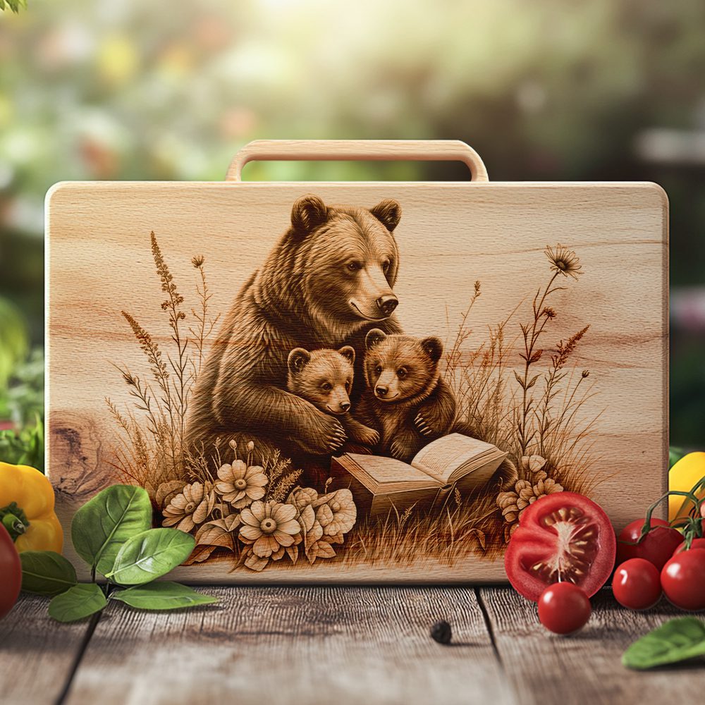 Charcuterie Board Engraving File, Bear Family Reading, Unique Kitchen ...