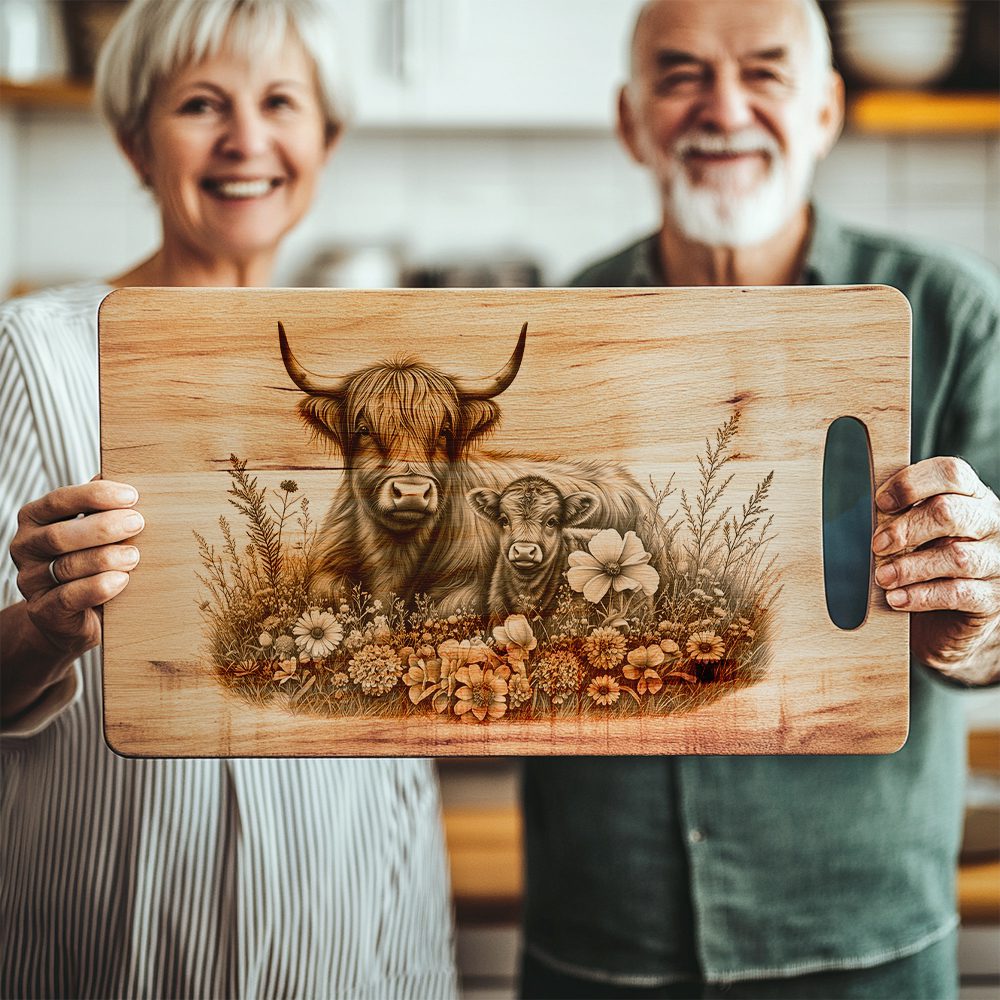 Charcuterie Board Laser Engraving File, Highland Cow Family, Rustic ...