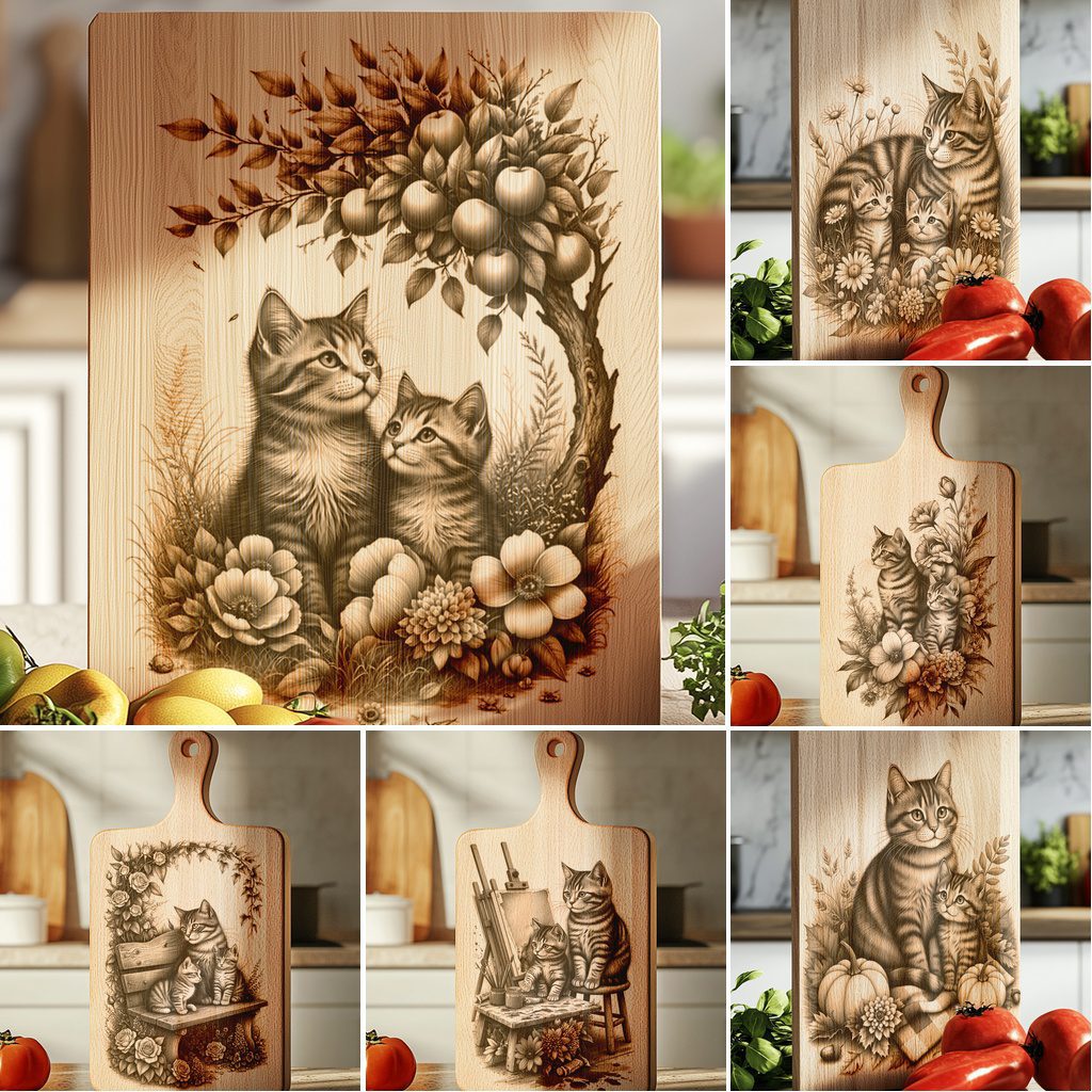Cat Family Charcuterie Board Engraving Bundle, Kitchen Decor, Wood Gift ...