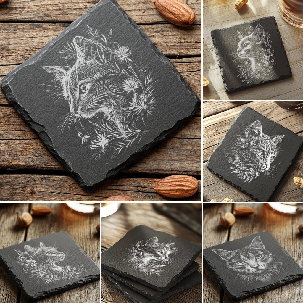 Cat Flora Slate Coaster Engraving Designs, 6 Unique Digital Files for ...