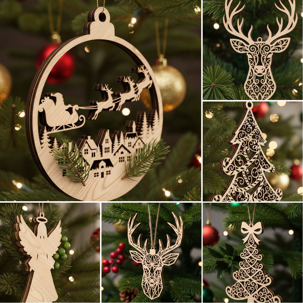 Christmas Ornament Laser File Bundle, 6 Holiday Tree Decoration Designs ...