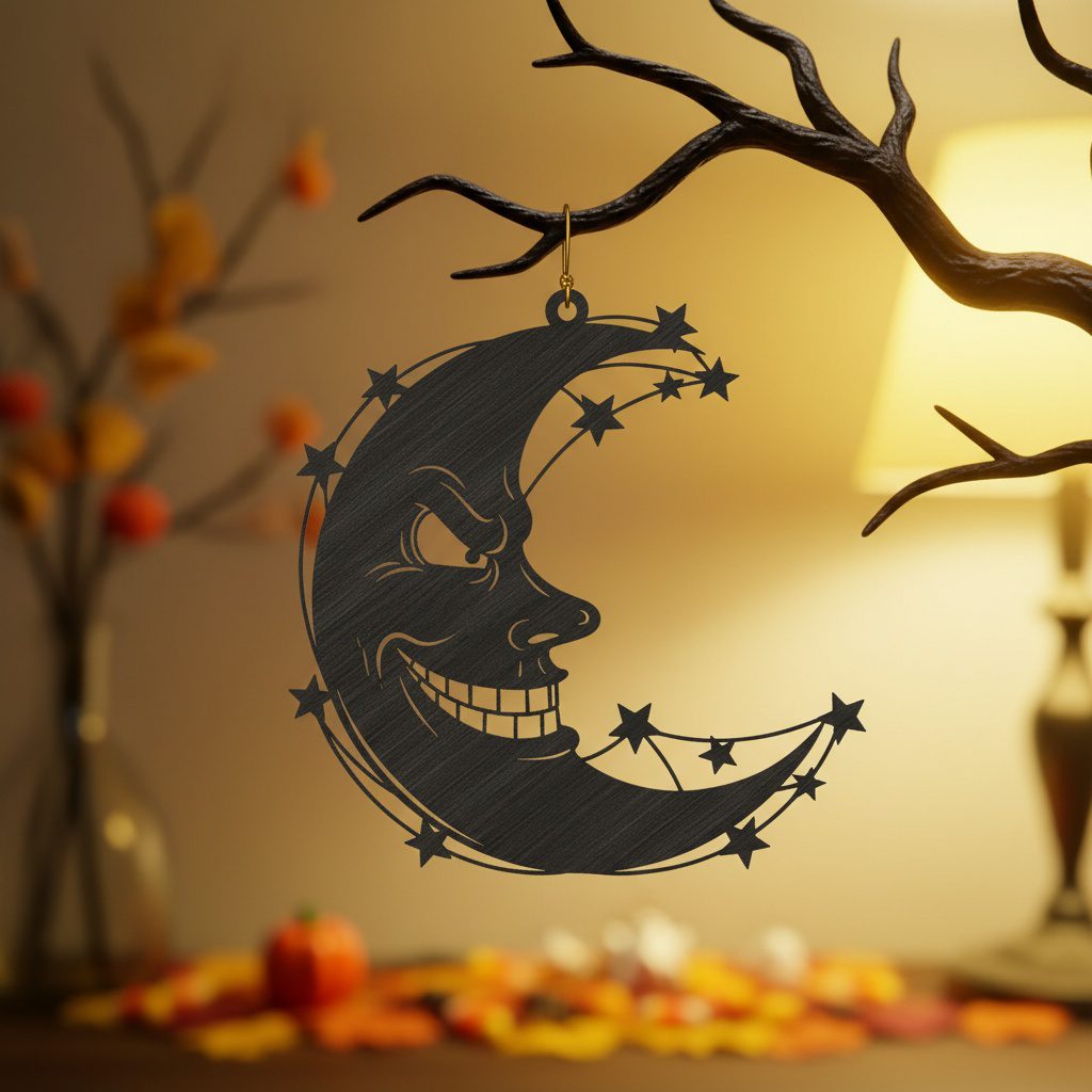Spooky Crescent Moon Ornament, Evil Face Halloween Decor, Laser Craft ...
