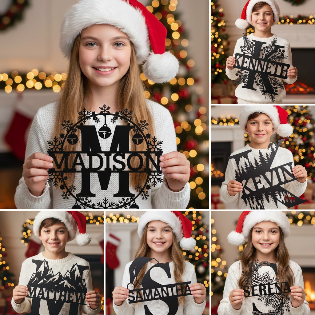 Christmas Monogram Metal Sign Bundle, Personalized Name, 8 Festive ...