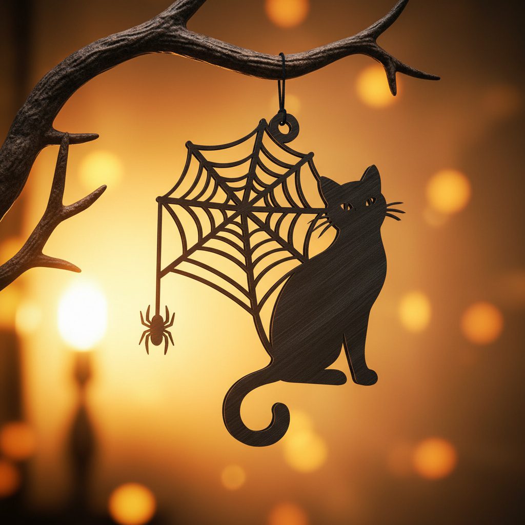 Halloween Ornament, Laser Engraved File, Black Cat, Spiderweb, Spider ...