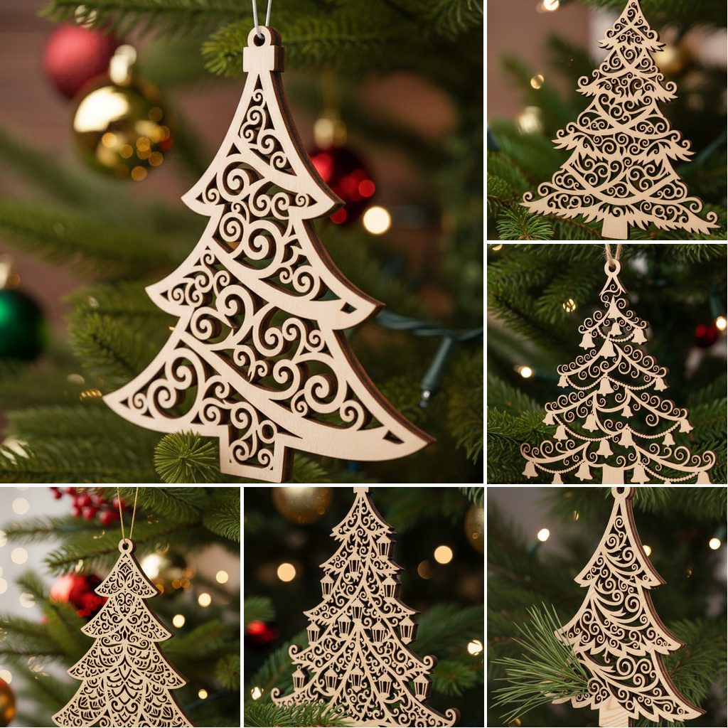 Laser Christmas Ornament Set, 6 Pine Tree Decorations, Xmas Digital ...