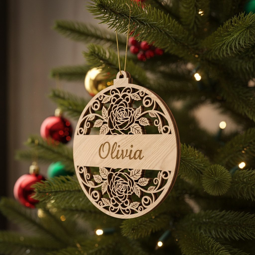 Laser Engraved Christmas Ornament, Personalized Rose and Banner Design ...