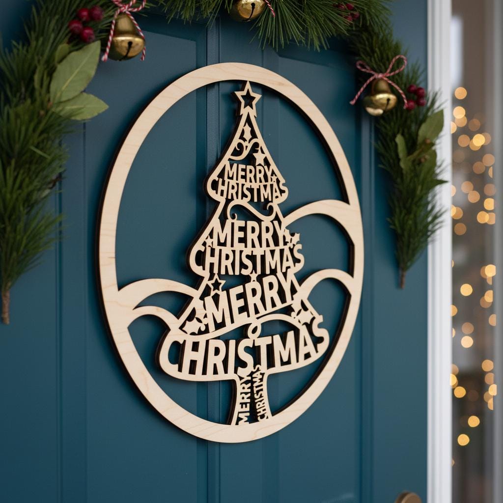 Merry Christmas Tree Round Door Hanger, Laser Door Sign File, Holiday ...
